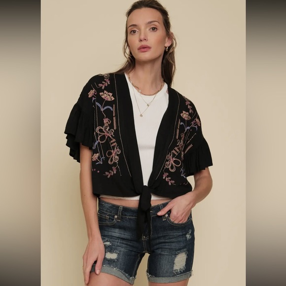 Mystree | Tops | 68 Kimono Embroidered Ruffle Sleeve Top Tie Front ...